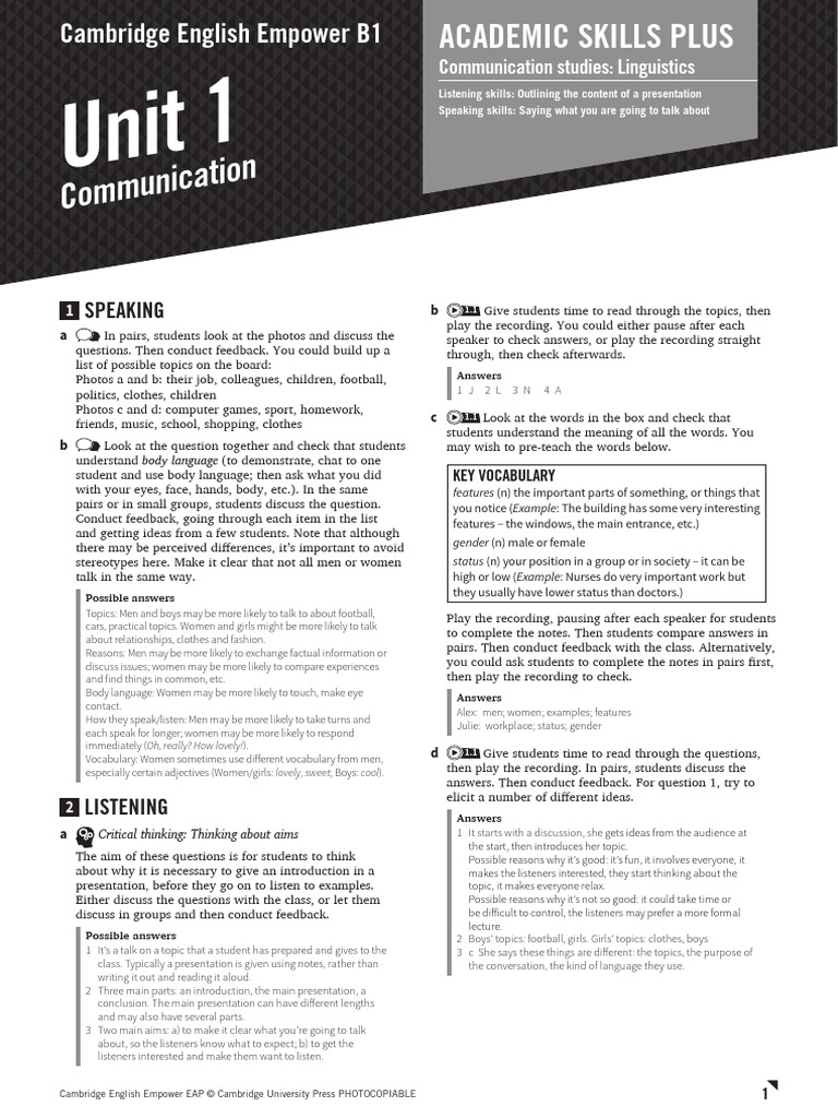 Empower B1 - Academic Skills Teacher - U01 | PDF | Question | Body Language