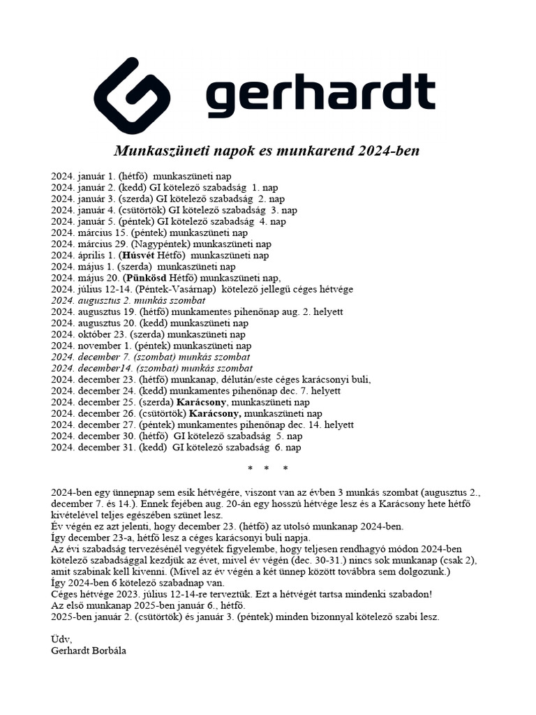 Szabadnapok 2024 Ben | PDF