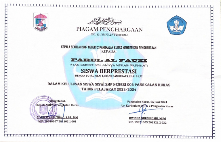 Sertifikat Siswa Berprestasi | PDF