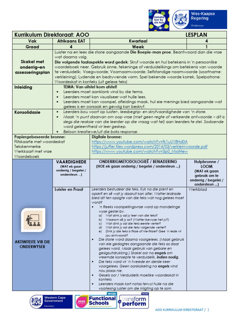 Graad 4 Afrikaans Lesplan | PDF | Language Arts & Discipline