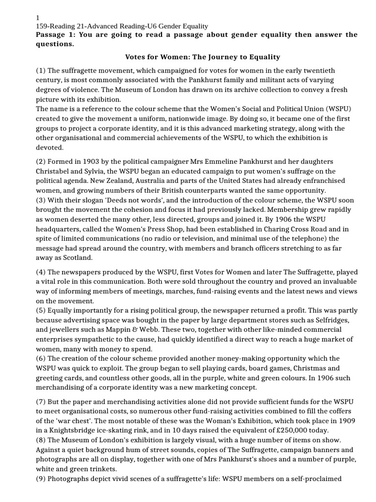159-Reading 21-Advanced Reading-U6 Gender Equality-SV | PDF | Emmeline Pankhurst