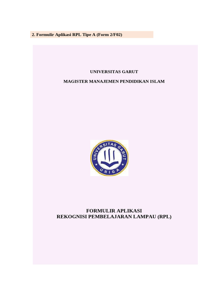 Contoh Formulir Aplikasi RPL Tipe A (Form 2 F02) | PDF