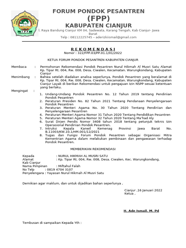 Rekom NSPP Nurul Barokah Cilaku | PDF