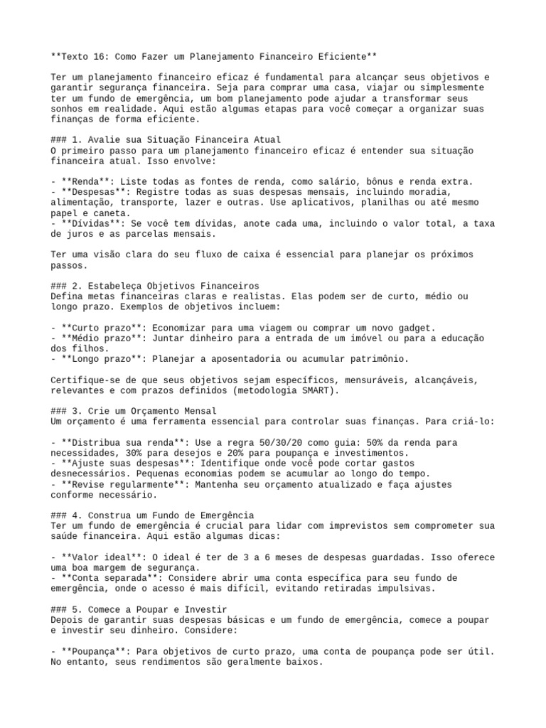 Texto 16 Como Fazer Um Planejamento Financeiro Eficiente | PDF