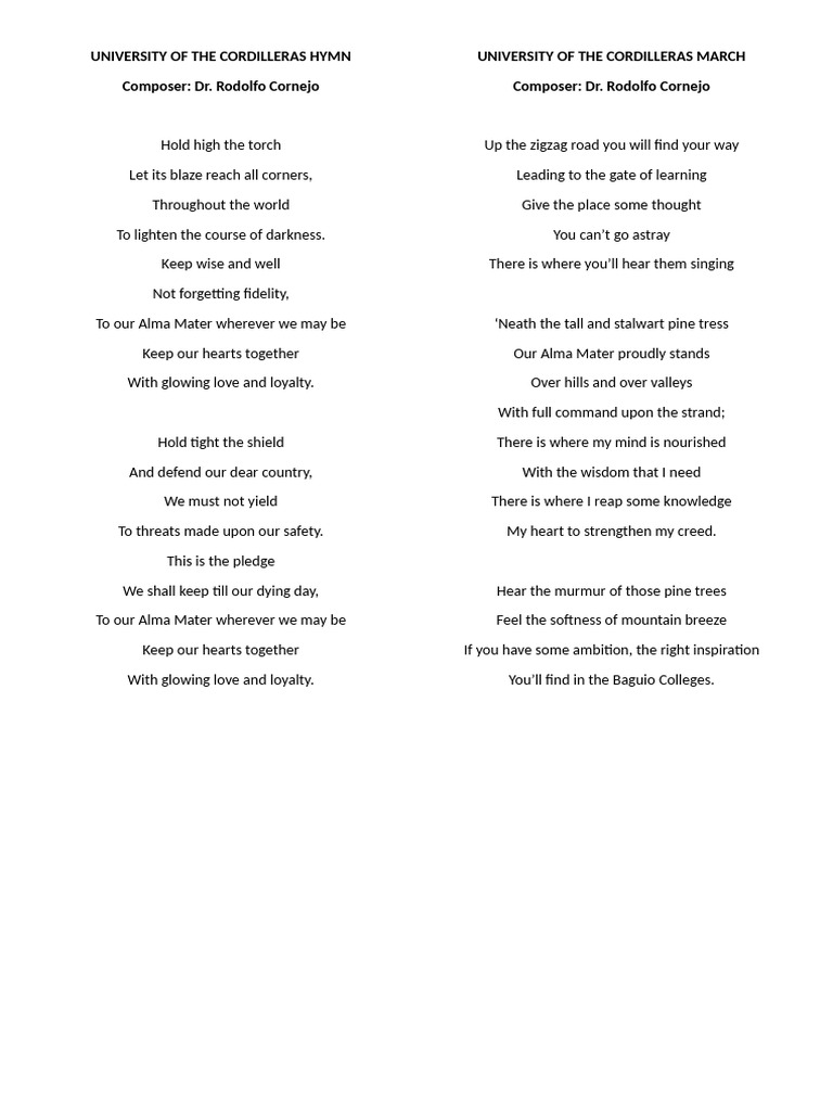 University of The Cordilleras Hymn | PDF
