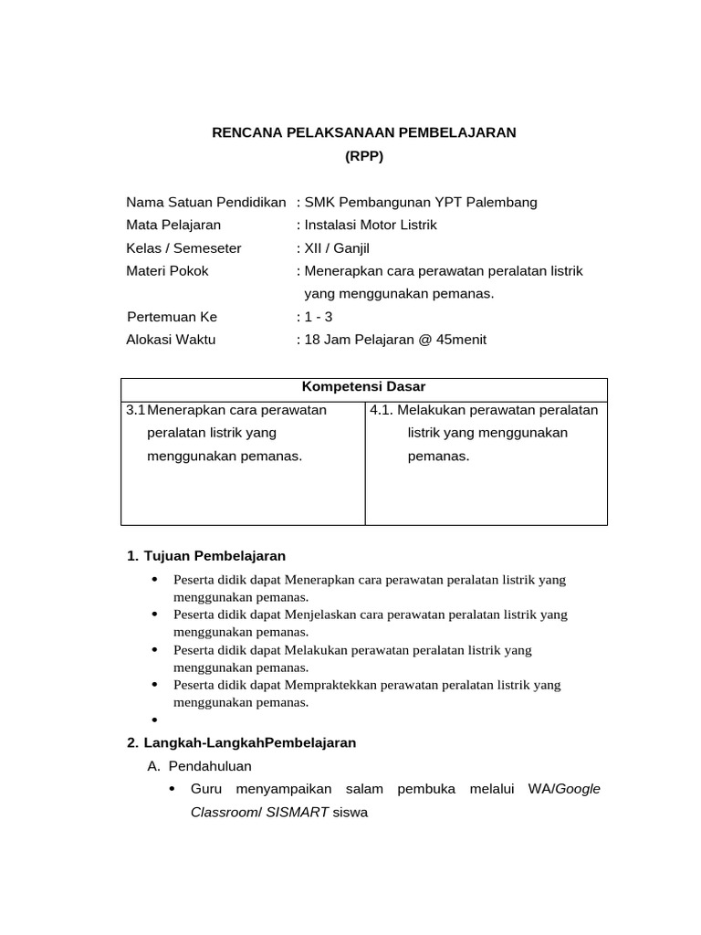 RPP Selembar XII IML (Pertemuan 1) | PDF