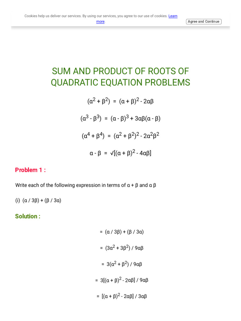 Sum and Product of Roots of Quadratic Equation Problems | PDF ...