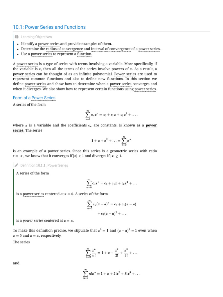 10.1 - Power Series and Functions - Mathematics LibreTexts | PDF | Power Series | Function ...