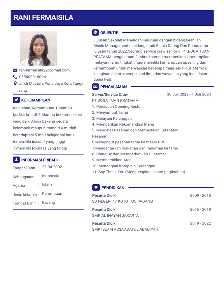Profil Rani Fermaisila: Lulusan SMK F&B | PDF | Indonesia | Career & Growth