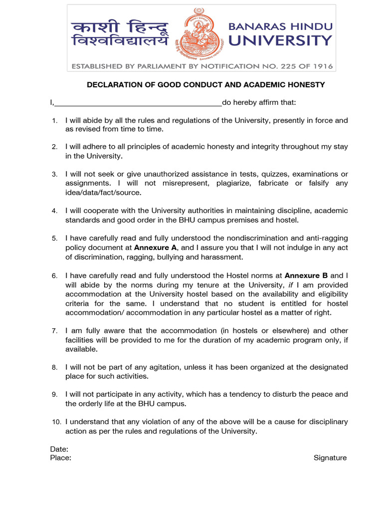 Declaration of Good Conduct and Academic Honesty Form | PDF