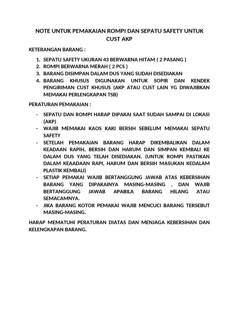 Note Untuk Pemakaian Rompi Dan Sepatu Safety Untuk Cust Akp | PDF