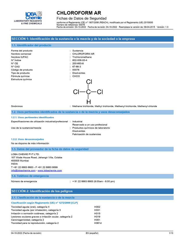 MSDS Cloroformo Lobachemie | PDF