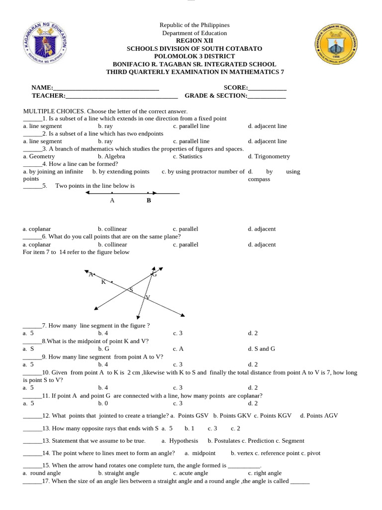 Math 7 3rd Quarter Exam | PDF
