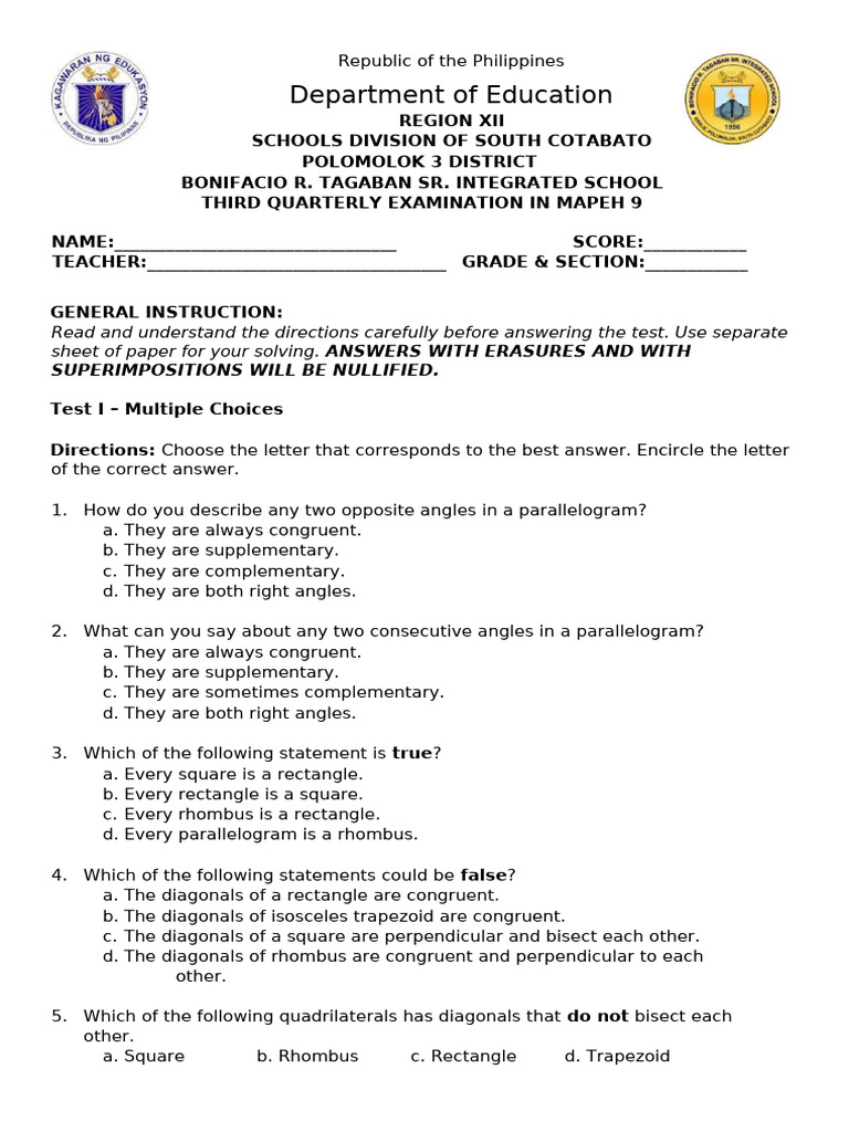 3rd Quarter Math 9 Examdocx PDF Free | PDF