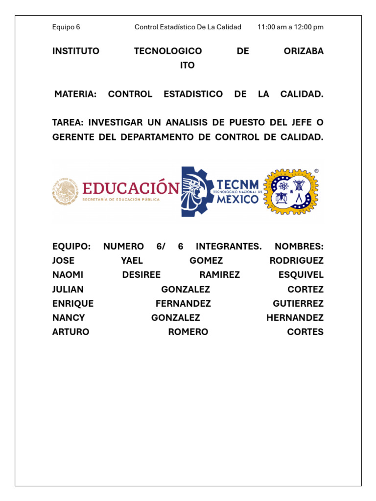 Equipo 6 Analisis de Puesto de Jefe de Control de Calidad 11 Am A 12 PM ...