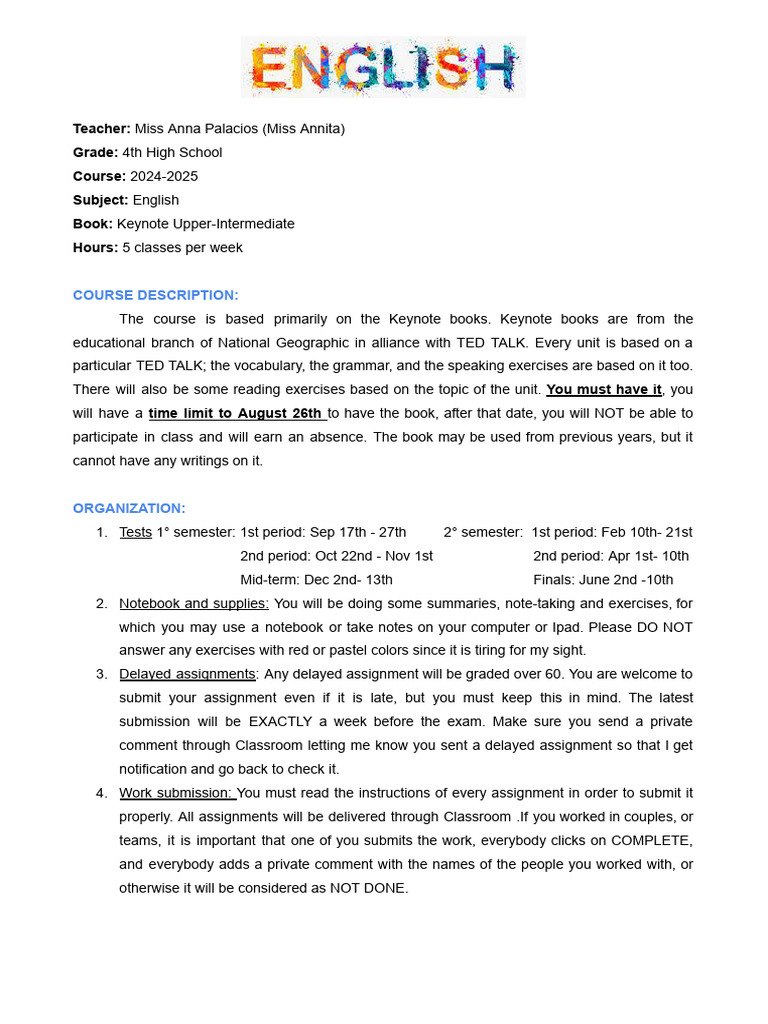 4th Grade High School Class Description and Rules 24-25 | PDF