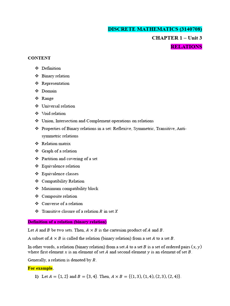 Relations - Chapter 1 - Unit 3 | PDF
