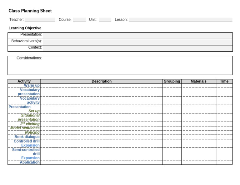 Class Planning Sheet 2020 | PDF