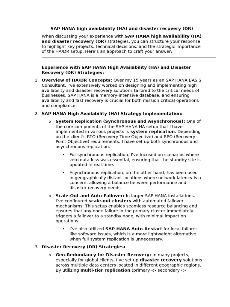 SAP HANA High Availability (HA) and Disaster Recovery (DR) | PDF
