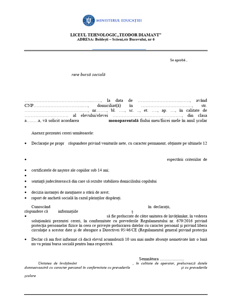 CERERE BURSE SOCIALA monoparentala | PDF