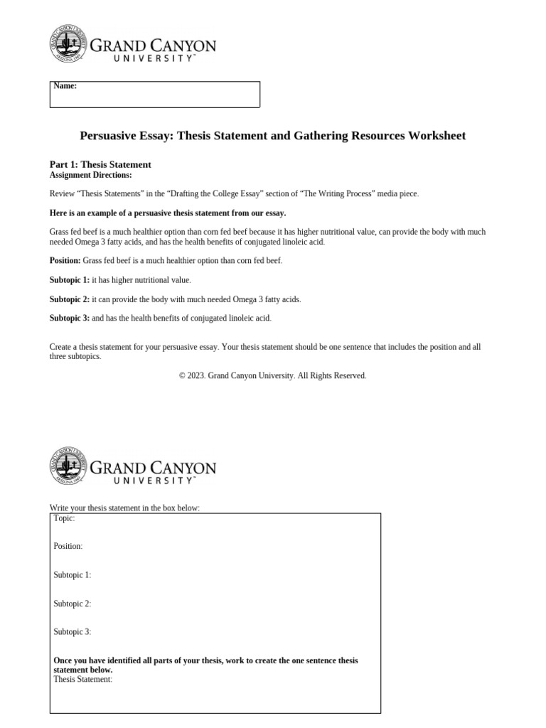 PHI105 - T3 - Thesis Statement and Gathering Resources Worksheet - 2023 | PDF