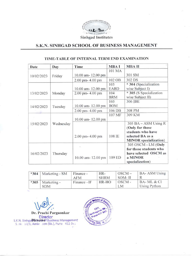 Time Table of Internal Term End Examination | PDF