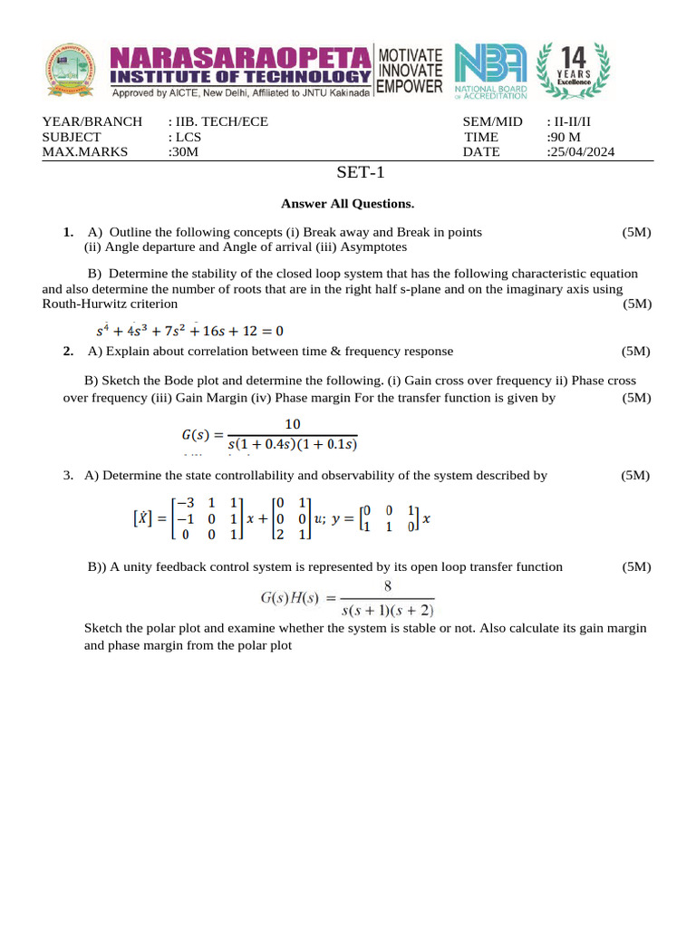 ECE LCS Midterm Exam Guide | PDF | Control Theory | Computers