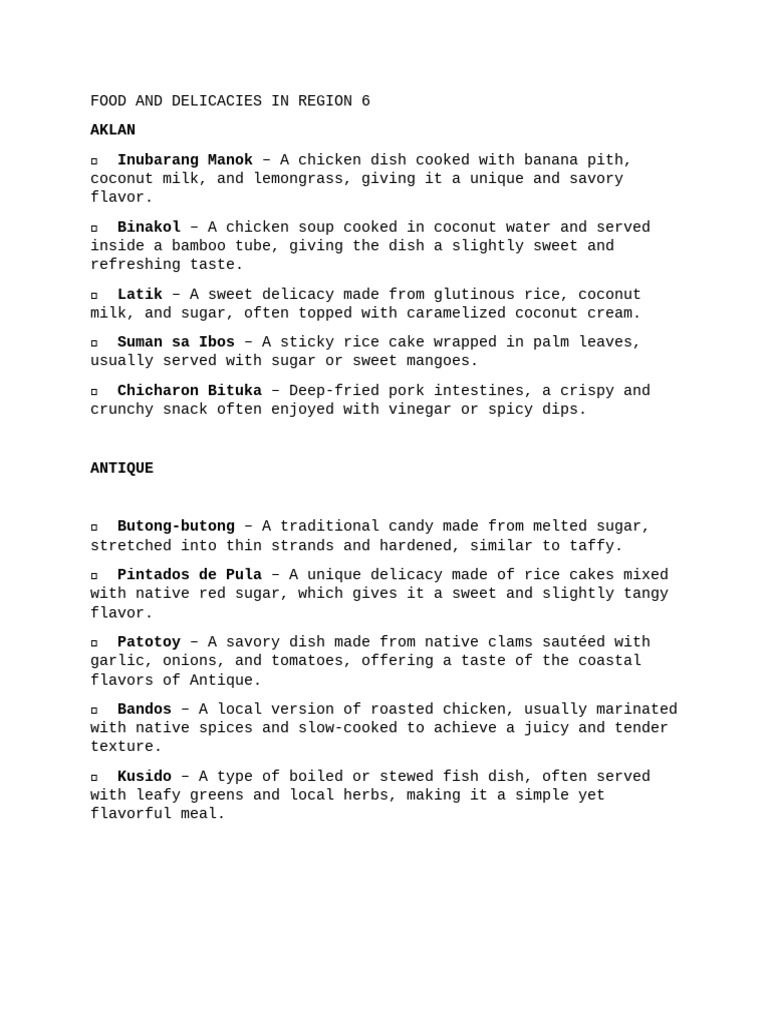 Food and Delicacies in Region 6 | PDF