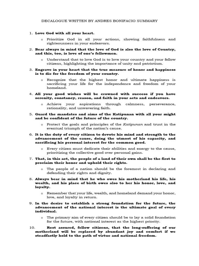 DECALOGUE WRITTEN BY ANDRES BONIFACIO SUMMARY | PDF