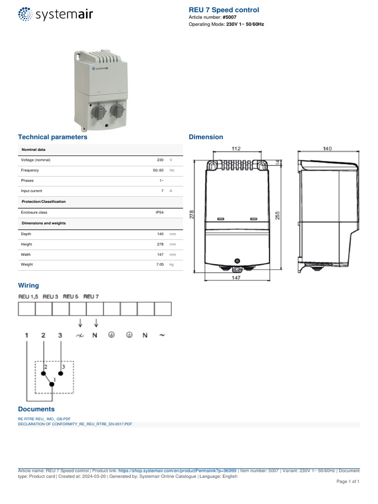 Systemair REU 7 Speed Control | PDF