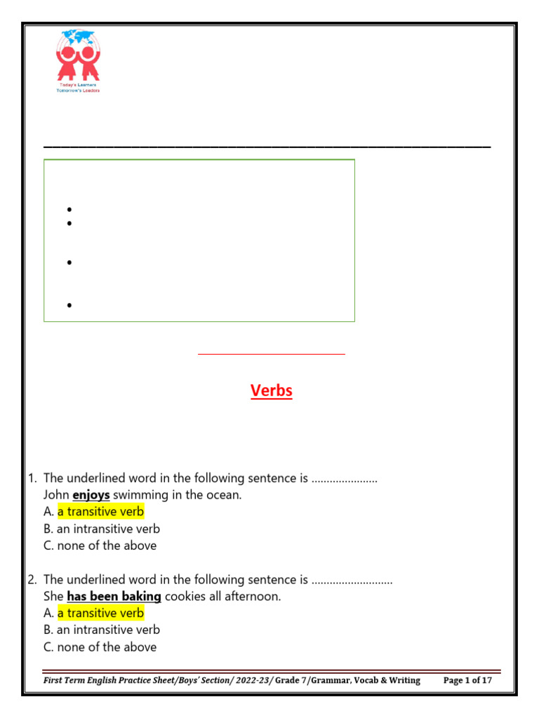 First Term English Grammar, Vocabulary and Writing Practice Sheet Grade ...