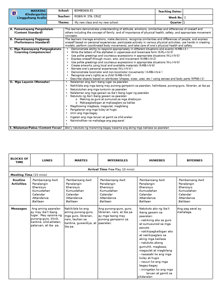 Kindergarten Matatag DLL Q1 W2 Updated | PDF