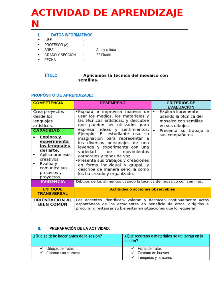 Sesión Aplicamos La Técnica Del Mosaico Con Semillas. | PDF Sesión Aplicamos La Técnica Del Mosaico Con Semillas. | PDF