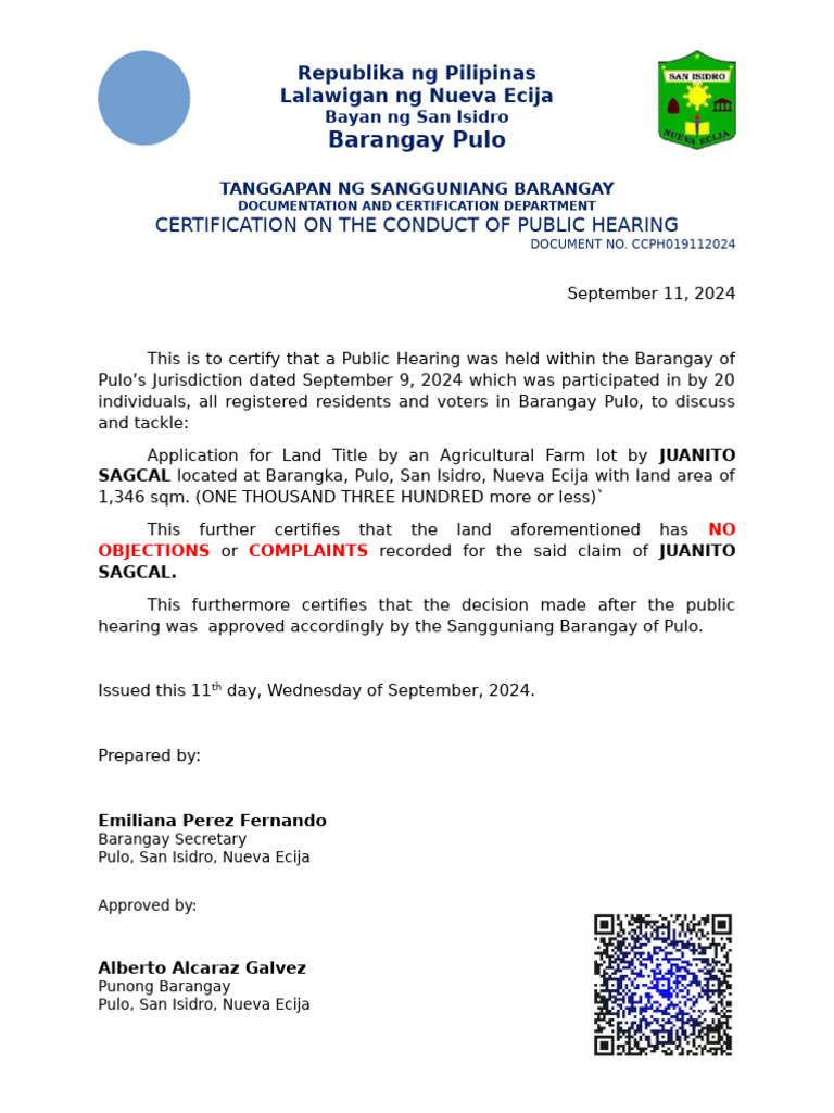 Certification of Barangay Public Hearing | PDF