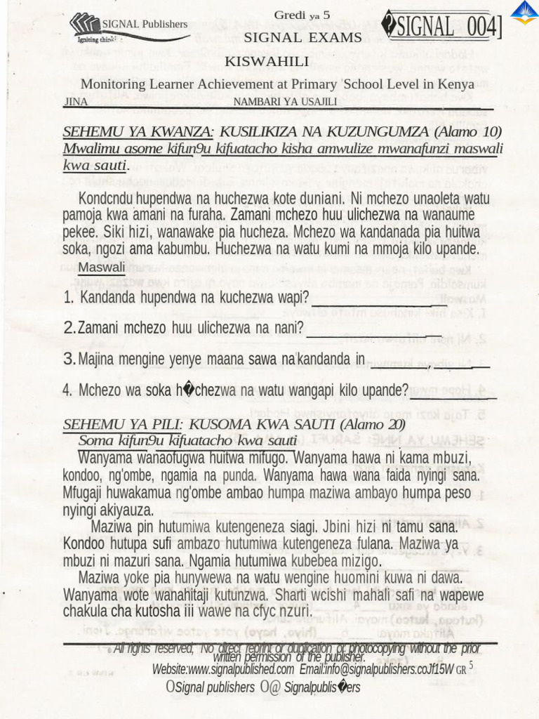 Kiswahili Grade 5 Signal | PDF