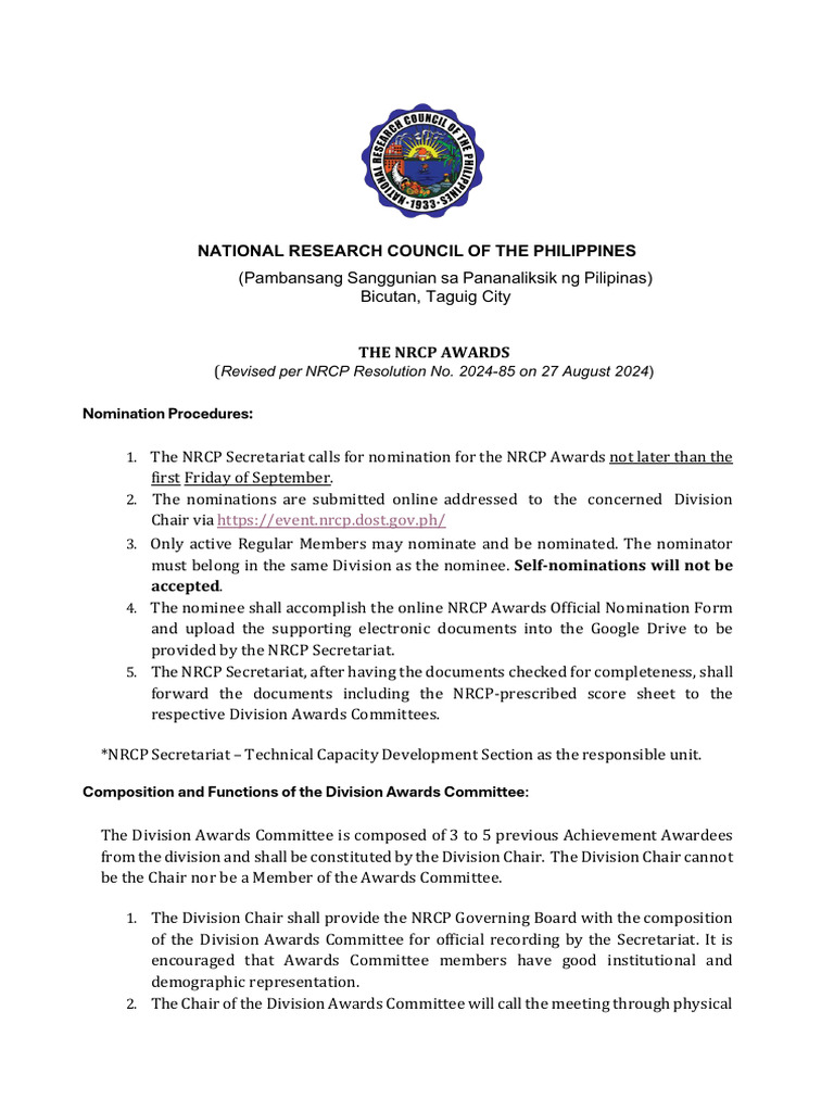 Revised Guidelines and Criteria For The NRCP Awards - NRCP RS 2024-85 | PDF
