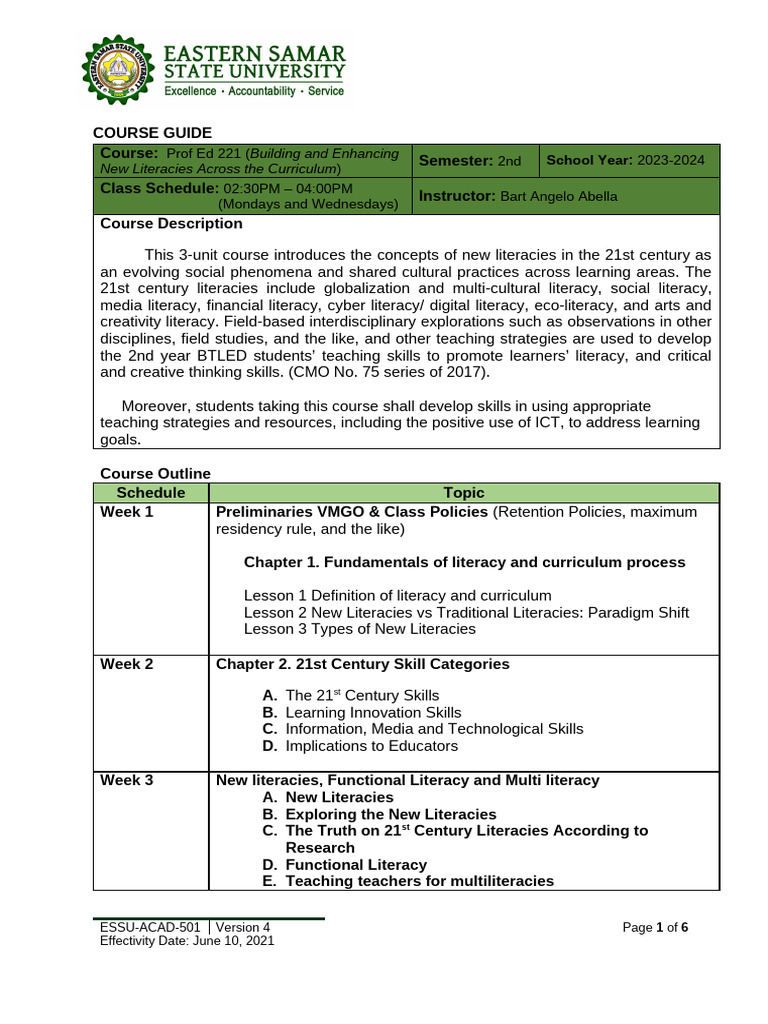 Course Guide BTLED ProfEd 221 | PDF