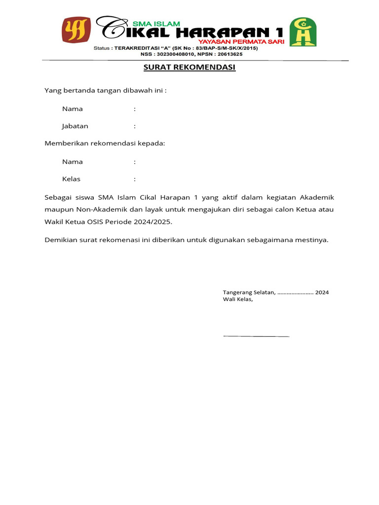 Contoh surat rekomendasi | PDF