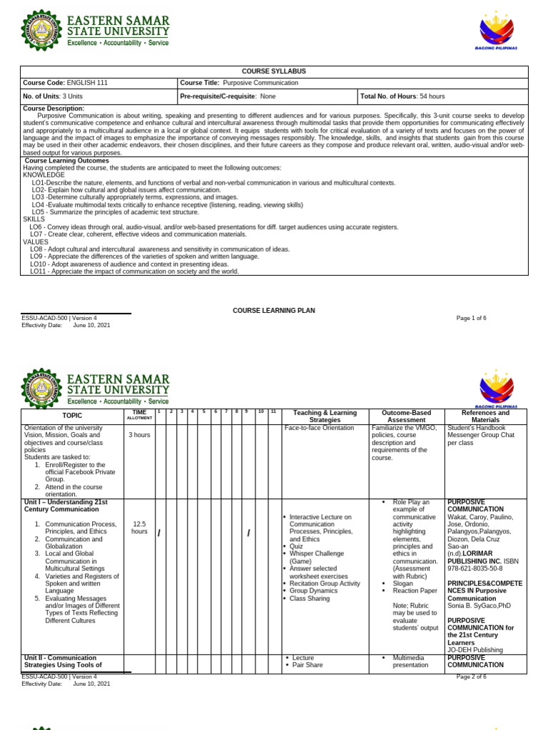 Syllabus Purposive Communication (New Version) | PDF