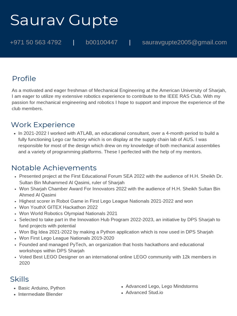 Saurav Gupte CV IEEE RAS | PDF