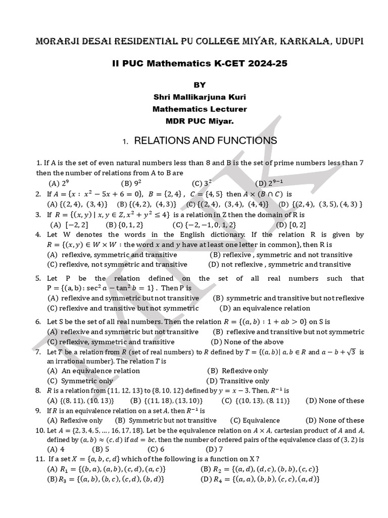 Relations and Functions - II PUC Maths KCET 2024-25 | PDF