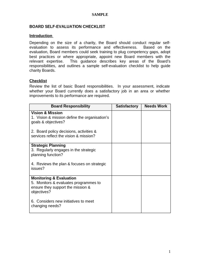 Board Self-Evaluation Checklist | PDF