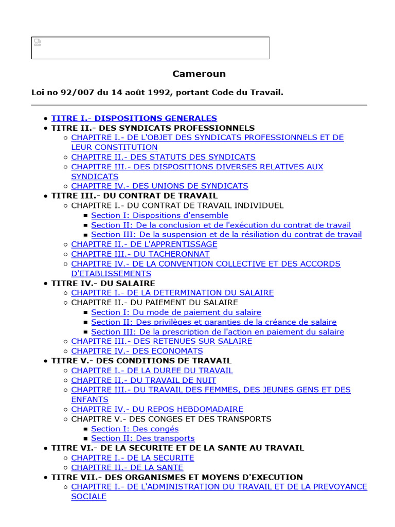 Cameroun. Code Du Travail | PDF