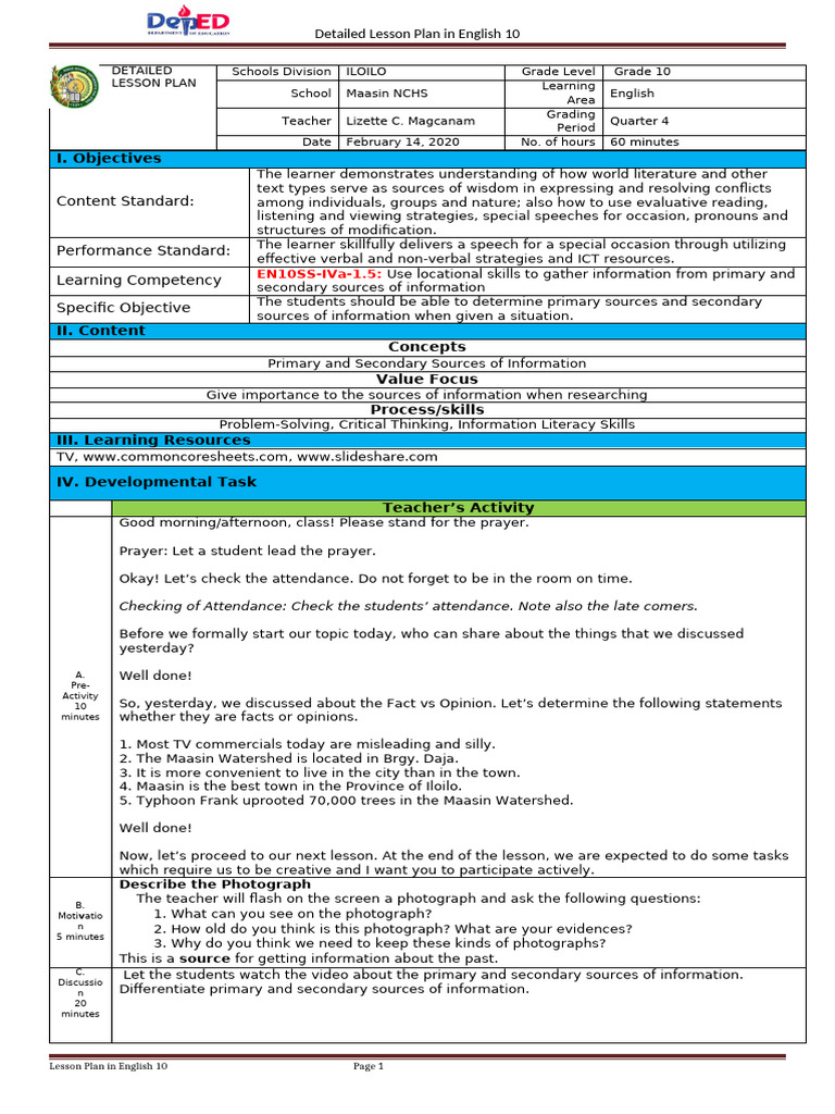 Dlp Observation Class 4th Primary And Secondary Sources Pdf