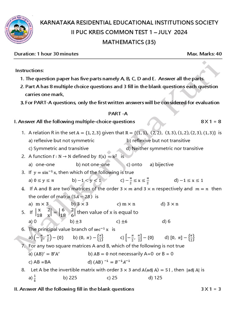 Mathematics II PUC KREIS Common Test 1-2024 | PDF