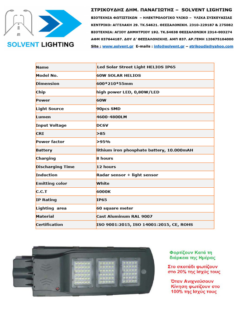ΤΕΧΝΙΚΗ ΠΕΡΙΓΡΑΦΗ ΦΩΤΙΣΤΙΚΟΥ SOLAR HELIOS 60W IP65 | PDF