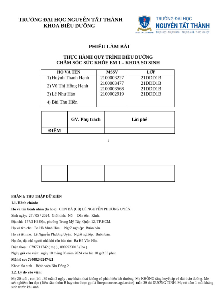 Bài KHCS Khoa Sơ Sinh | PDF