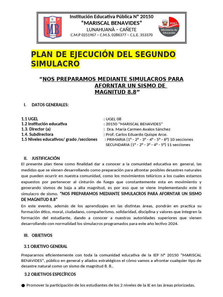 Plan de Desarrollo Del Simulacro | PDF