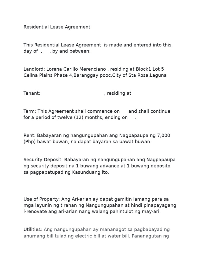 Residential Lease Agreement Tagalog | PDF | Lease | Land Law