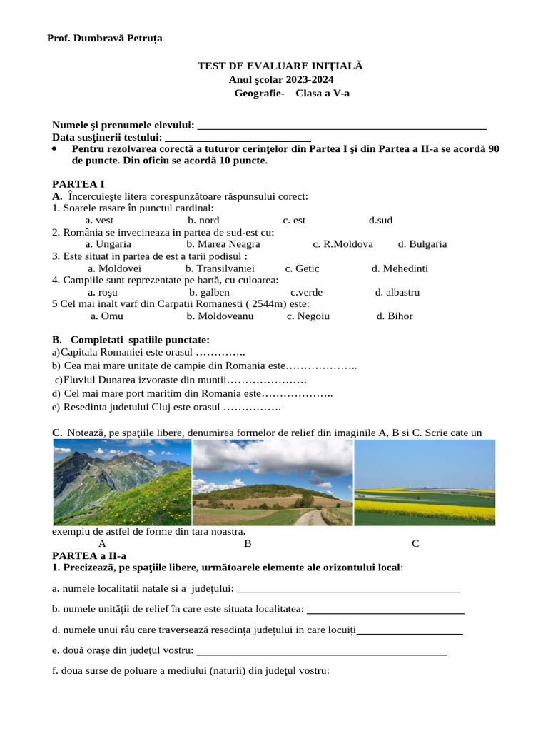 Test Initial Clasa A 5-A | PDF